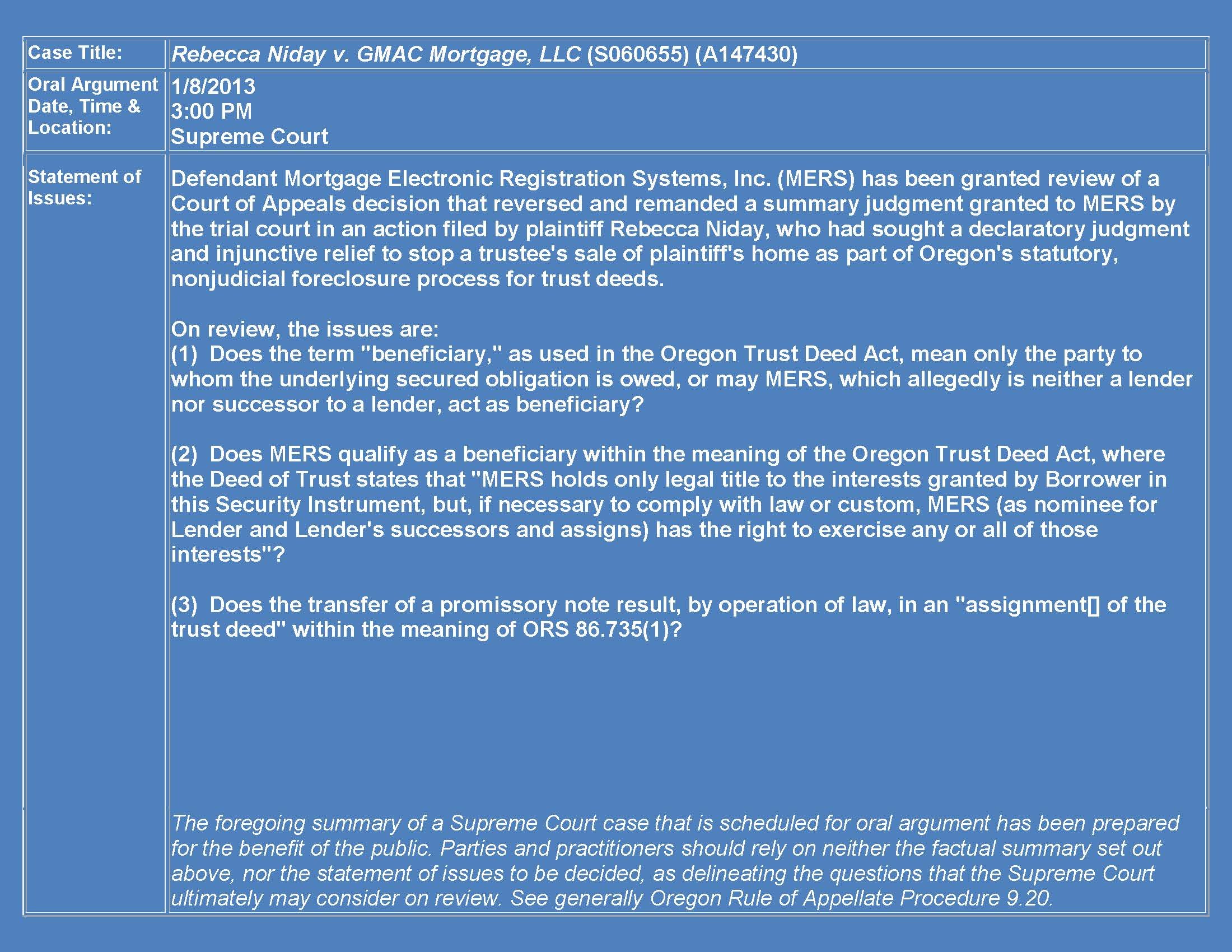 Rebecca Niday v. GMAC Mortgage, LLC (S060655)
