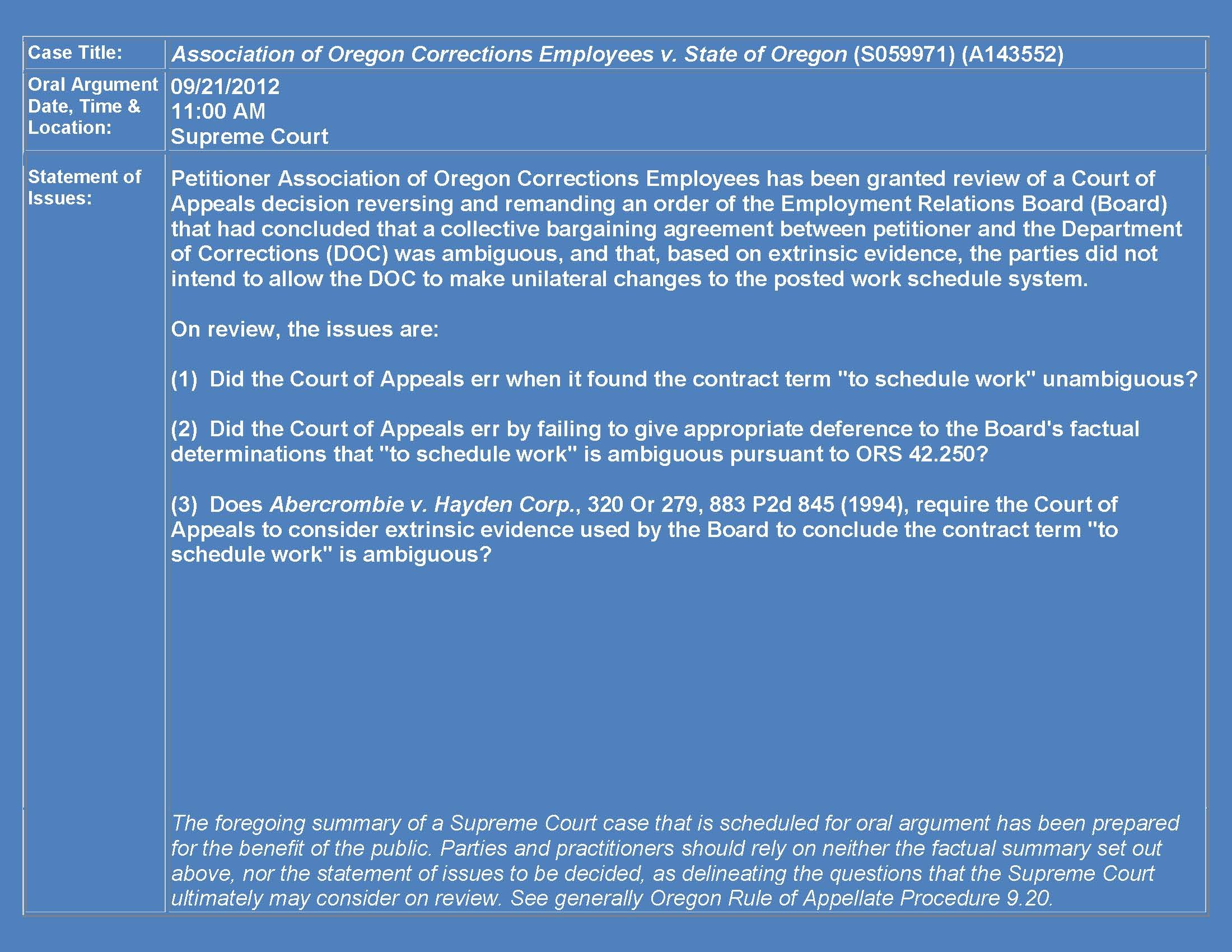 Association of Oregon Corrections Employees v. State of Oregon (S059971)